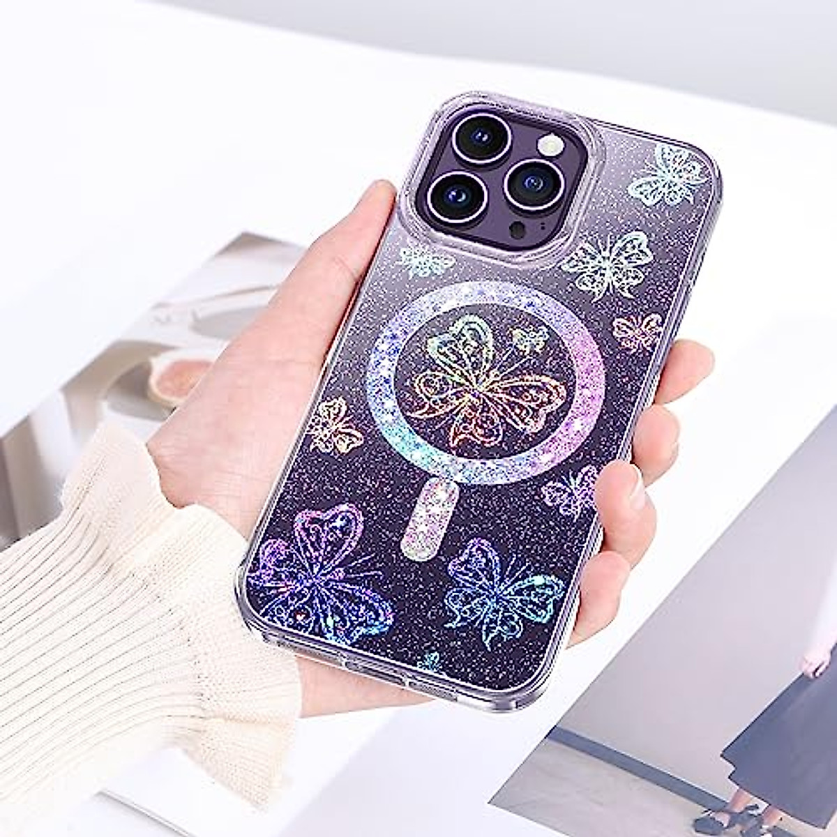 GUAGUA for iPhone 14 Pro Max Magnetic Case, Compatible with Magsafe Clear Glitter Butterfly Slim TPU Transparent Shockproof Protective Bling Phone Case for iPhone 14 Pro Max 6.7", Fantasy Butterfly