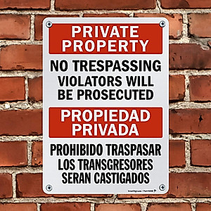 SmartSign 12" x 10" 'Private Property No Trespassing, Violators Will Be Prosecuted' LawnBoss Yard Sign with 3 ft Stake, 40 mil Laminated Aluminum, Red/Black/White, Set of 1, USA-Made
