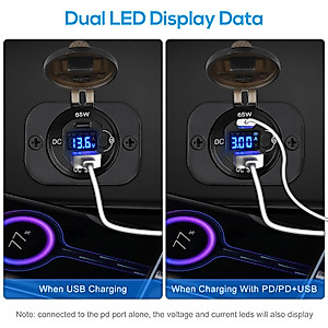 Linkstyle USB Charger Socket, 36W QC3.0 USB A & 65W USB C Socket with Dual Display Voltmeter Voltage for 12/24V Car Marine