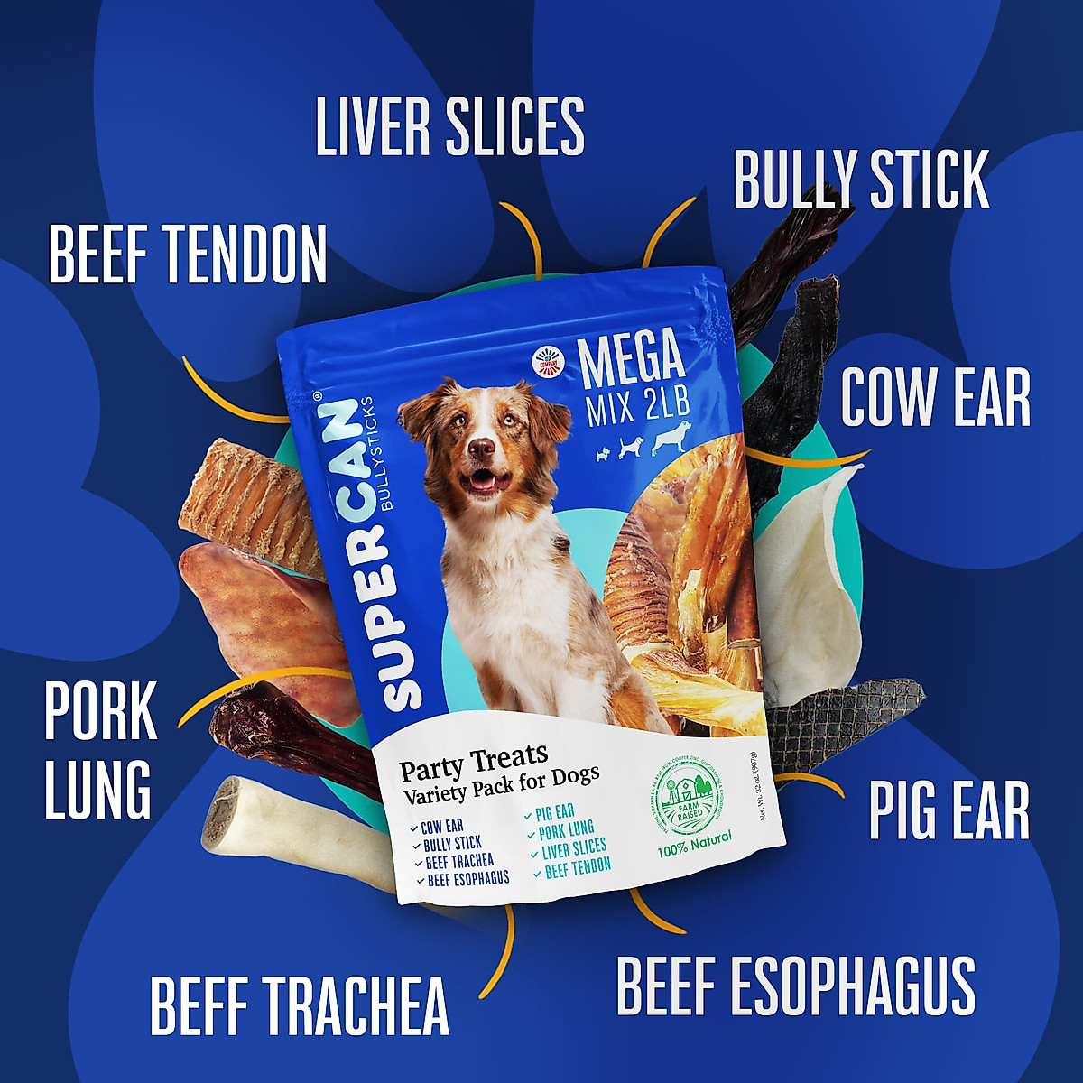 SUPER CAN BULLYSTICKS 2lb Mega Mix Natural Dog Chews Variety - Pig Ears, Cow Ears, Beef Lung, Liver, Trachea - Healthy Treats Small Medium Large Dogs - Long Lasting Bully & Gullet Sticks