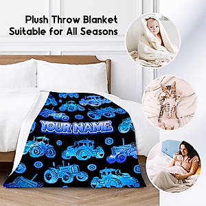 COOPASIA Personalized Tractor Blanket with Name, Tractors for Kids Ages 4-8 5-7 Throw Blanket, Kids Blanket for Car Lovers, Boys Throw Blanket Tractor Room Decor for Couch Office (Blue, 40x50 Inch)