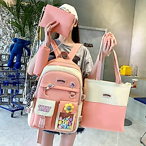 5Pcs Kawaii Backpack Set for School, Cute Aesthetic Backpack with Kawaii Pin and Accessories Bookbags for School Teens (Pink1)