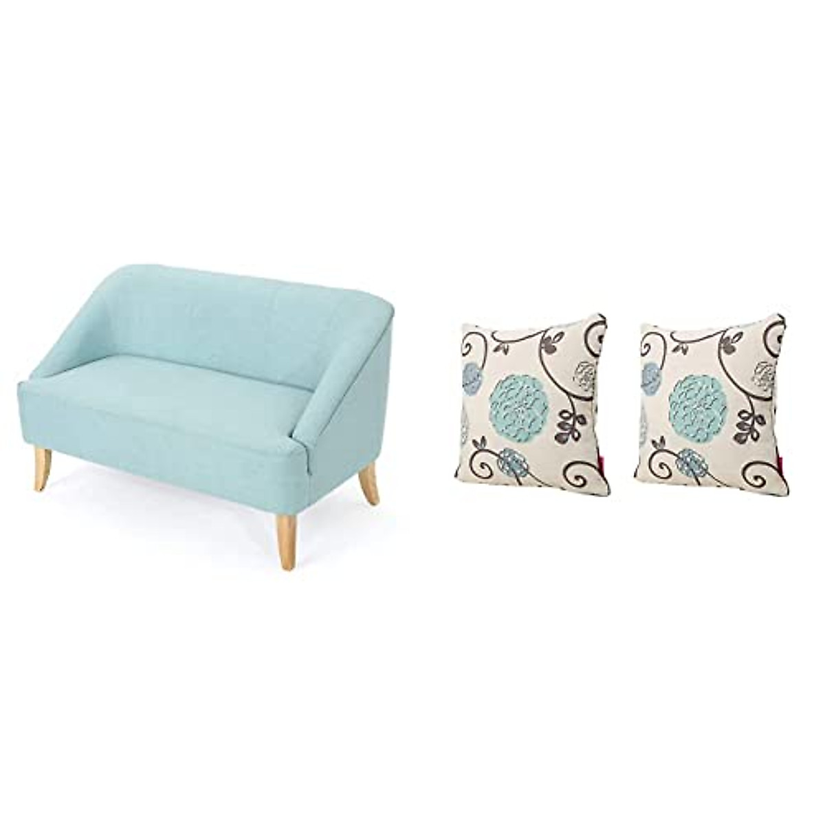 Christopher Knight Home Justus Mid-Century Modern Fabric Loveseat, Light Blue/Natural & Ippolito Fabric Pillows, 2-Pcs Set, White and Blue Floral
