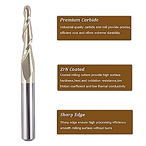 SpeTool Tapered Ball Nose End Mill 1/4" Shank with 1/16" Cutting Radius (1/8" Diameter) for 3D Carving Engraving Router Bit, ZrN Coated