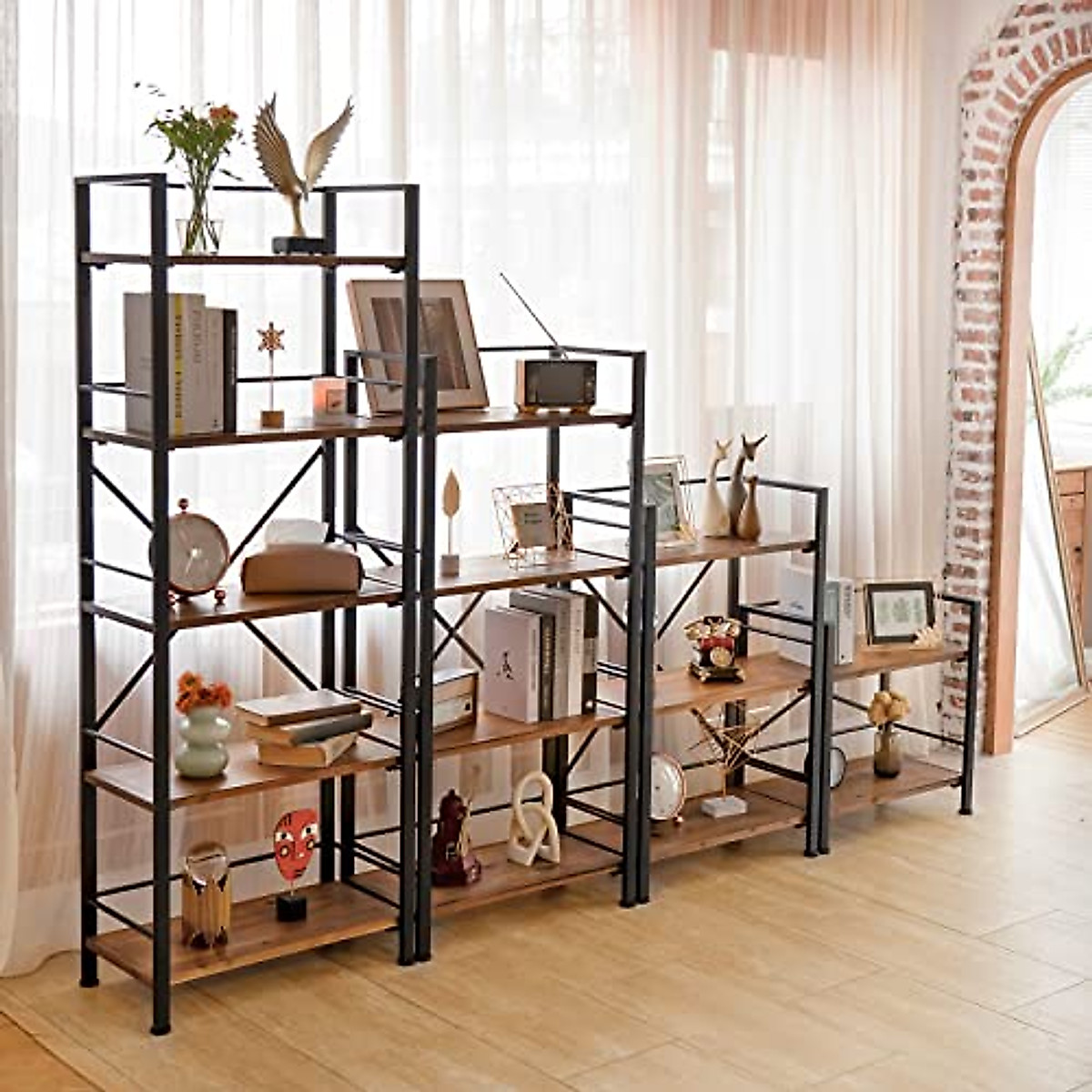 Crofy Rustic Bookshelf, 5 Tier Real Wood Bookshelf, Metal Book Shelf for Storage, Black Bookcase, 12.6" D x 23.62" W x 64.17" H