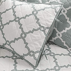 Madison Park Essentials Merritt Reversible Daybed Cover-Fretwork Print, Diamond Quilting All Season Cozy Bedding with Bedskirt, Matching Shams, Decorative Pillow, 75"x39", Grey 6 Piece