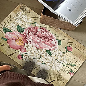 Oueoty Vintage Shabby Rose Flower Floral Area Rug Rugs for Living Room Bedroom 1.5x2.5ft/18x30in/45x75cm
