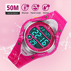 cofuo Girls Boys Digital Watch - Kids Sports Waterproof Outdoor Watches with Alarm Stopwatch Youth Children LED Electronic Wristwatch - Rose Red