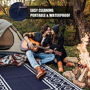 HUGEAR Outdoor Rug Mats, Large Waterproof Area Rug, Reversible Portable Outdoor Plastic Straw Carpet for RV Deck Camping Front Door Indoor Outside Porch Picnic (5x8ft Lantern Navy Blue&White)