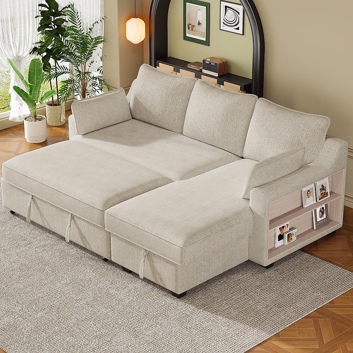 LUMISOL 90" Convertible L Shaped Sofa with Pull Out Bed, Chenille Sectional Sofa Bed with Reversible Chaise, Convertible Sleeper Sofa Couch with USB Ports and Cabinet Armrests, Beige
