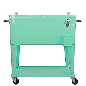 HomeAesthetics 80 Qt. Retro Rolling Cooler Ice Chest Cart with Shelf & Bottle Opener - Seafoam, Great for Outdoors, Patios, Decks, Parties, Backyards, Bars