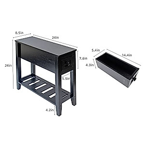 LUSUOWLZ 2 Pack Chairside Narrow End Table with Drawer, Solid Wood Recliner Side Table with Storage Shelf, Slim Nightstand Bedside Table for Bedroom, Black