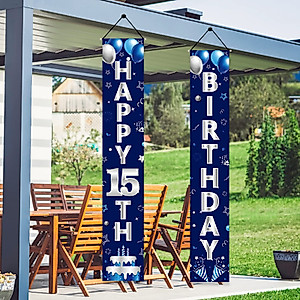 Turypaty Blue Silver 15th Birthday Door Banner Decorations, Happy 15 Birthday Party Porch Sign Supplies for Boys, Sweet 15 Year Old Birthday Party Supplies