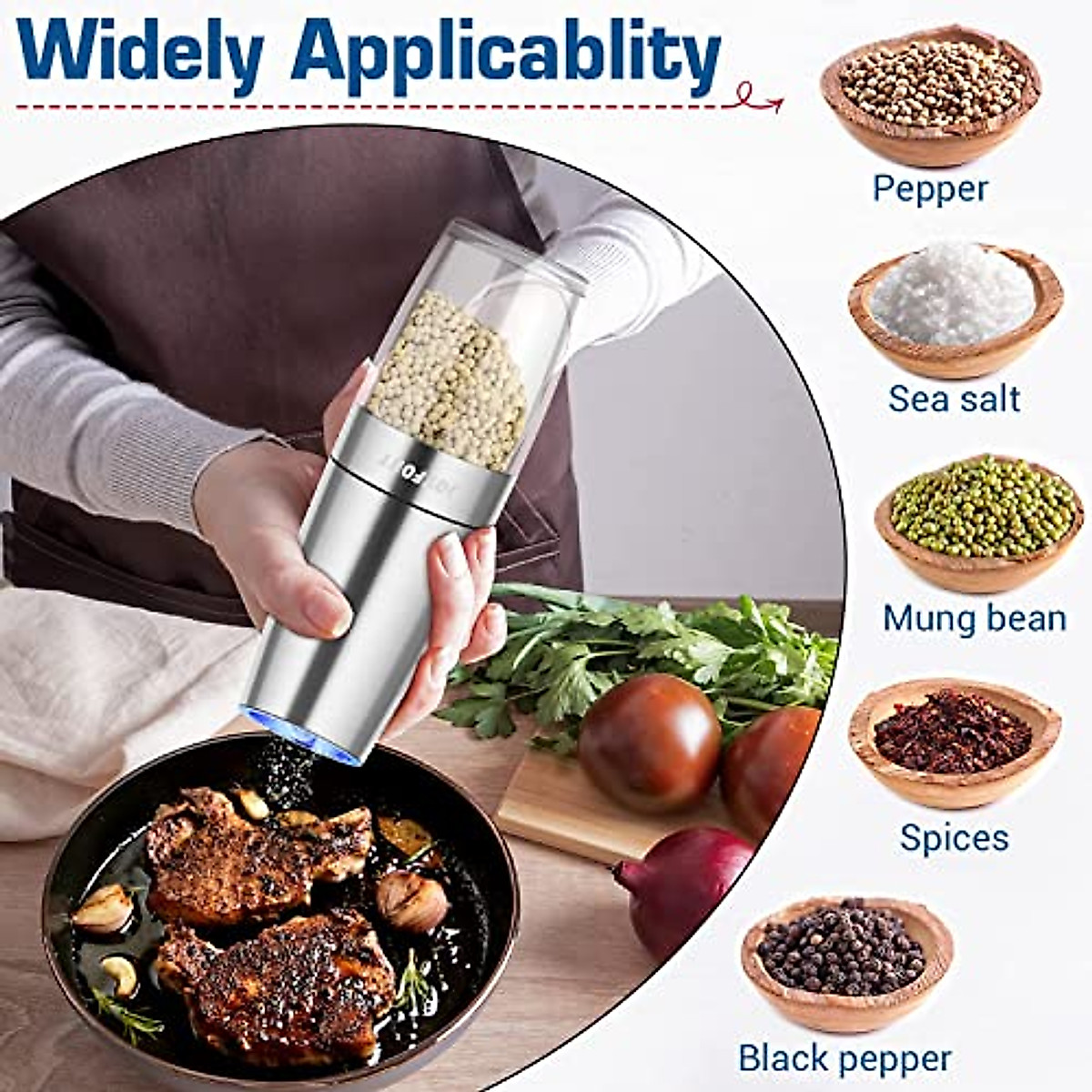 Gravity Electric Salt and Pepper Grinder Set, Joyfort Automatic Pepper Mill Grinder Battery Powered with Adjustable Coarseness, Stainless Steel,2 Pack