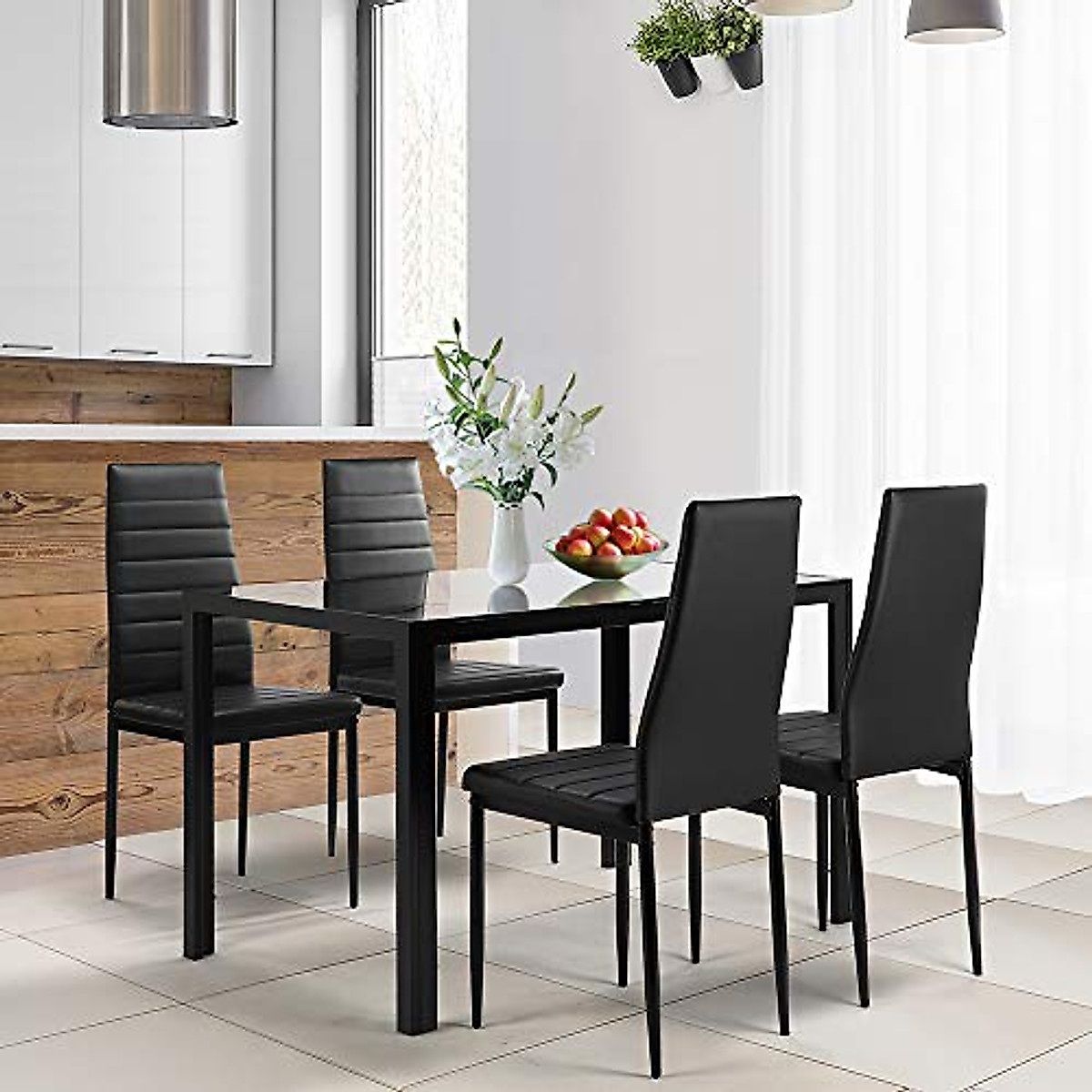SLEERWAY Kitchen Dining Table Set for 4 People, Thickened Tempered Glass Desktop Kitchen Table and 4 Leather Chairs with Cushion, Modern Dining Room Sets for Small Space, 5 Pieces