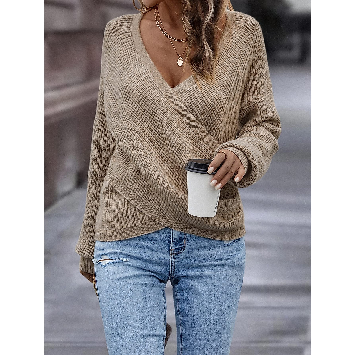 SweatyRocks Women's Casual Long Sleeve Drop Shoulder V Neck Wrapped Pullover Sweater Top Khaki Medium