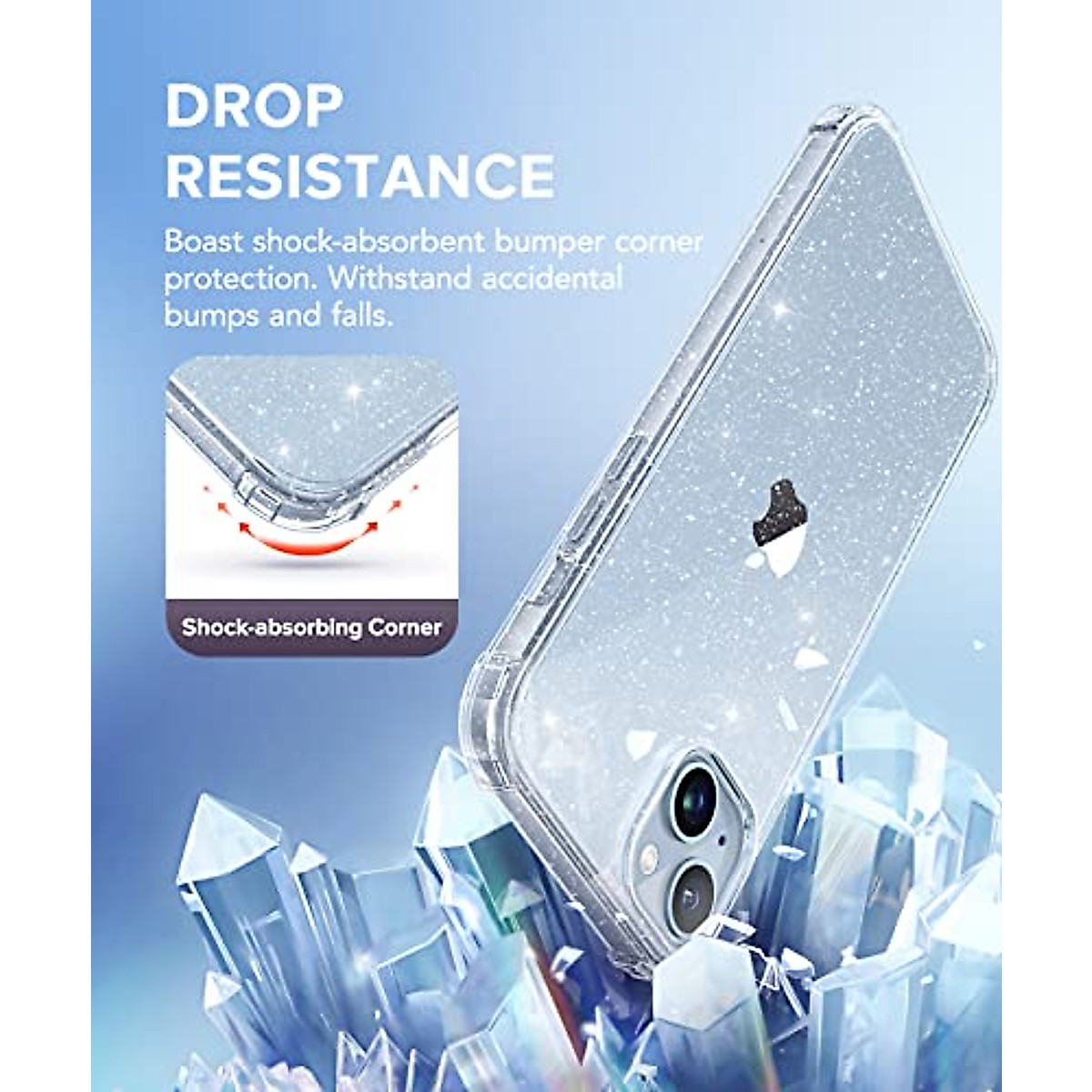 BERFY [5 in 1 for iPhone 14 Plus Case Clear Glitter, with 2X Screen Protector + 2X Camera Lens Protector [Non-Yellowing] Sparkle Bling Hard Shockproof Phone Case for Women Girls 6.7", Shiny Clear