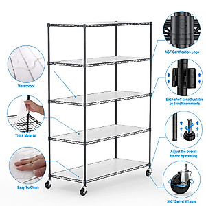 5 Tier NSF Metal Shelf Wire Shelving Unit, Heavy Duty Adjustable Storage Rack with Wheels & Shelf Liners, Black - 82" H x 48" L x 24" D 6000lbs Capacity