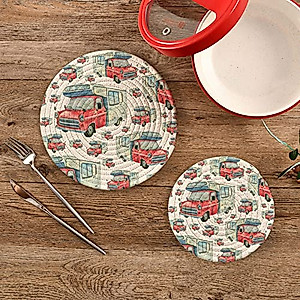 Camper Motorhouse Summer Trivet Pot Holders Red Classic Camper Van Hot Pads Trivets Mats Heat Resistant Cotton Potholders Round Table Counter Mat for Kitchen Coaster Hot Pan Dish 2pcs