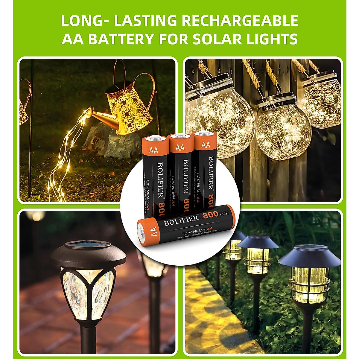 Kruta NiMH Rechargeable AA Batteries, 1.2V 800mAh Rechargeable AA Solar Batteries for Outdoor Solar Lights and Household Devices, Pre-Charged (AA Pack 8)