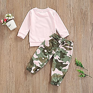 Mandizy Kids Toddler Girl Spring Fall Outfits Blessed Letter Print Long Sleeve Sweatshirt Tops and Camouflage Pants Clothes Set (Pink, 3-4T)