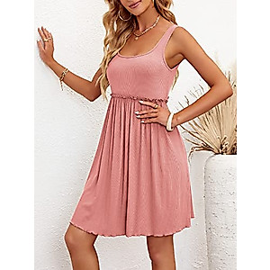 SENSERISE Womens Sleeveless Summer Dress Square Neck Ribbed Knit Sundress Ruffle Flowy Beach Short Mini Tank Dresses(Watermelon Pink,XL)