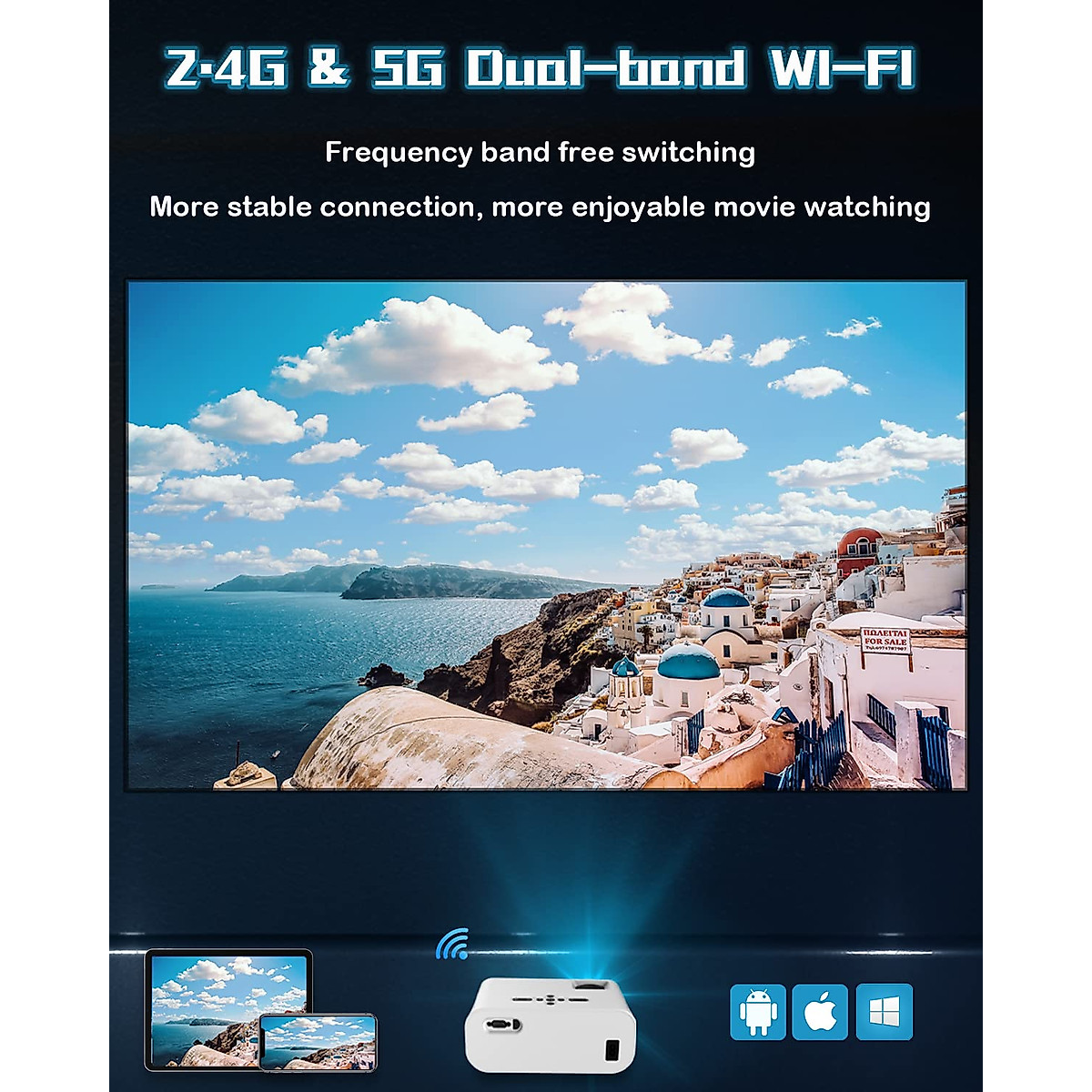 NIKISHAP Projector with WiFi and Bluetooth, Small Projector 4K Outdoor Movie Projector Short Throw, Smart Phone 1080P Projector Compatible with HDMI, VGA, USB, TV Stick, iOS, Android, PC, Laptop