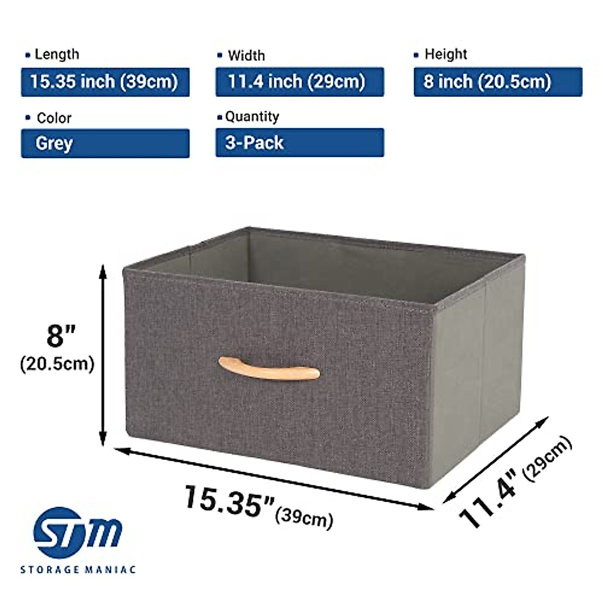 STORAGE MANIAC Storage Bins Extra Large, Foldable Storage Baskets with Handle, Fabric Clothes Storage Boxes for Shelves for Organizing Closet Shelf Nursery Toy 15.35"W x 11.4"D x 8"H, Grey 3-Pack