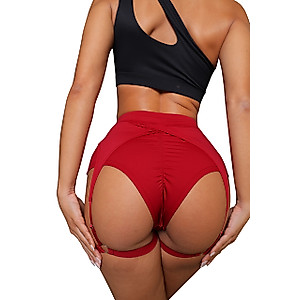 BZB Women's Booty Shorts with Garters High Waisted Biker Hot Pants Gym Cheeky Garter Running Shorts Wine Red