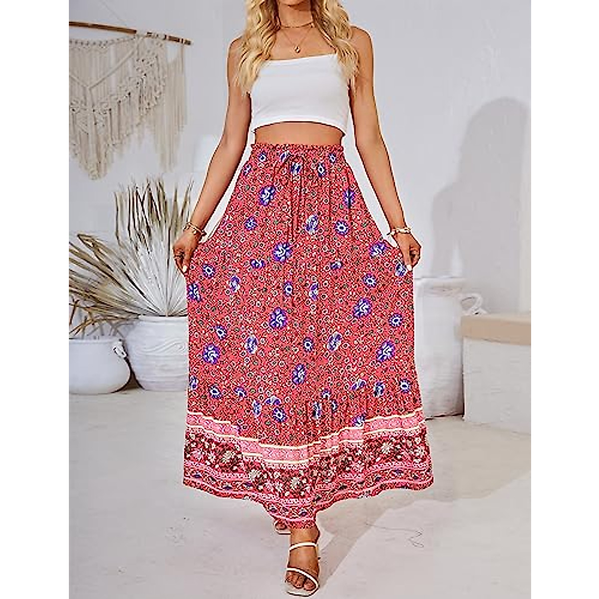 ZESICA Women's 2025 Summer Bohemian Floral Printed Elastic Waist A Line Maxi Skirt with Pockets,Floral Red,Small