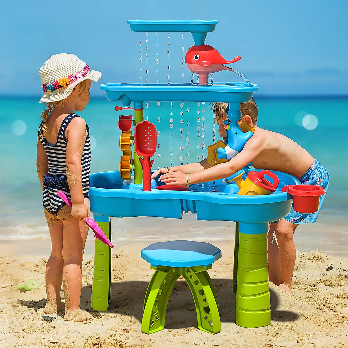 Doloowee Sand and Water Table Toy for Kids, 3 Tier Showers Pond Table, Kids Play Activity Summer Outdoor on Beach Backyard Toddlers 1-3 Age 3-5 Up