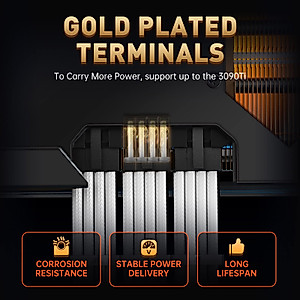 AsiaHorse 16AWG Pro Power Supply Sleeved Cable, White Power Supply Extension Cable Dual EPS Kit, 1x24-PIN/ 2x8-PORT (4+4) M/B,3x8-PORT (6+2) PCI-E, 30cm Length with 2 Set of Combs