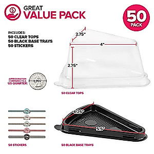Cake Slice Containers Plastic Disposable, Cheesecake Boxes, Pie Container with Lid for Individual Slices of Cakes, Disposable Triangular Pie Box, Reusable, Complimentary Stickers (50 Pack)