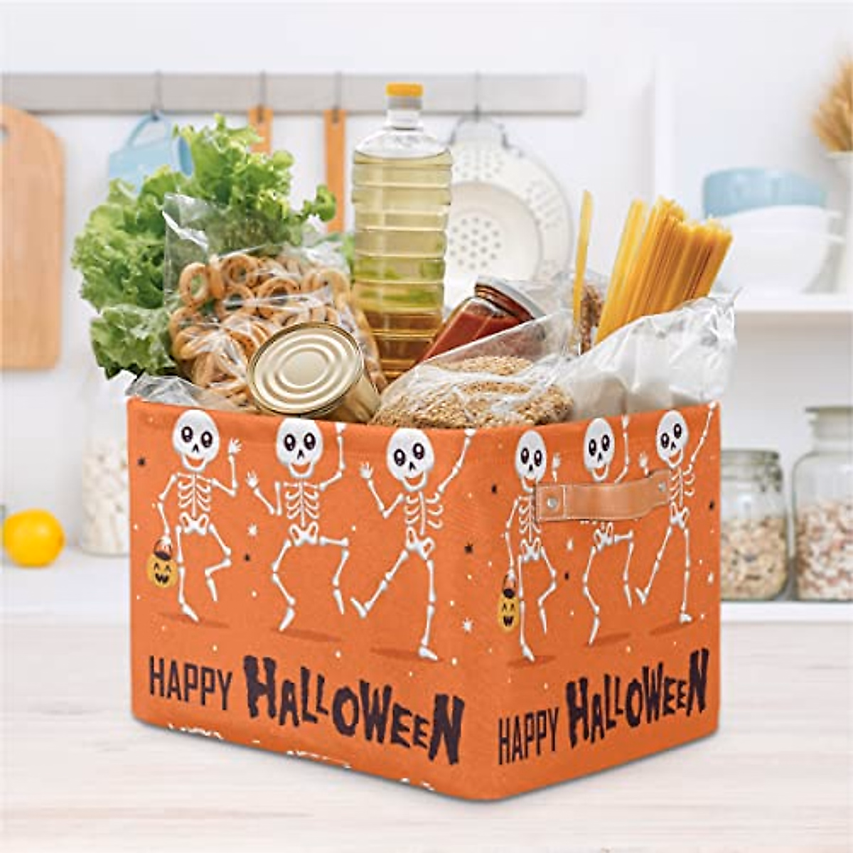 Pardick Happy Halloween Large Collapsible Storage Bins ,Danc Skull Decorative Canvas Fabric Storage Boxes Organizer with Handles，Rectangular Baskets Bin for Home Shelves Closet Nursery Gifts