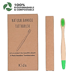 ECOPRO Kids Bamboo Toothbrushes 5 Pack Manual Toothbrush, Eco-Friendly Waterproof Wooden Handle Tooth Brushes Kit for Chidren