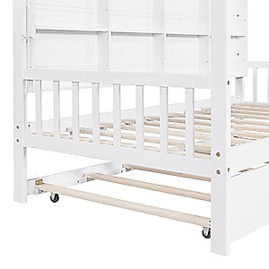 MERITLINE Twin House Bed with Trundle and Storage Shelves for Kids Wood Playhouse Bed Frame Montessori Daybed for Girls Boys Teens, White