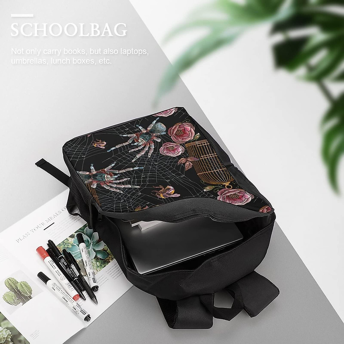 MoBlinko Retro Spider Roses 17 Inch Laptop Backpack Halloween Gothic Cage Adult Shoulder Travel Daypack Bookbag for College Travel Work And Hiking