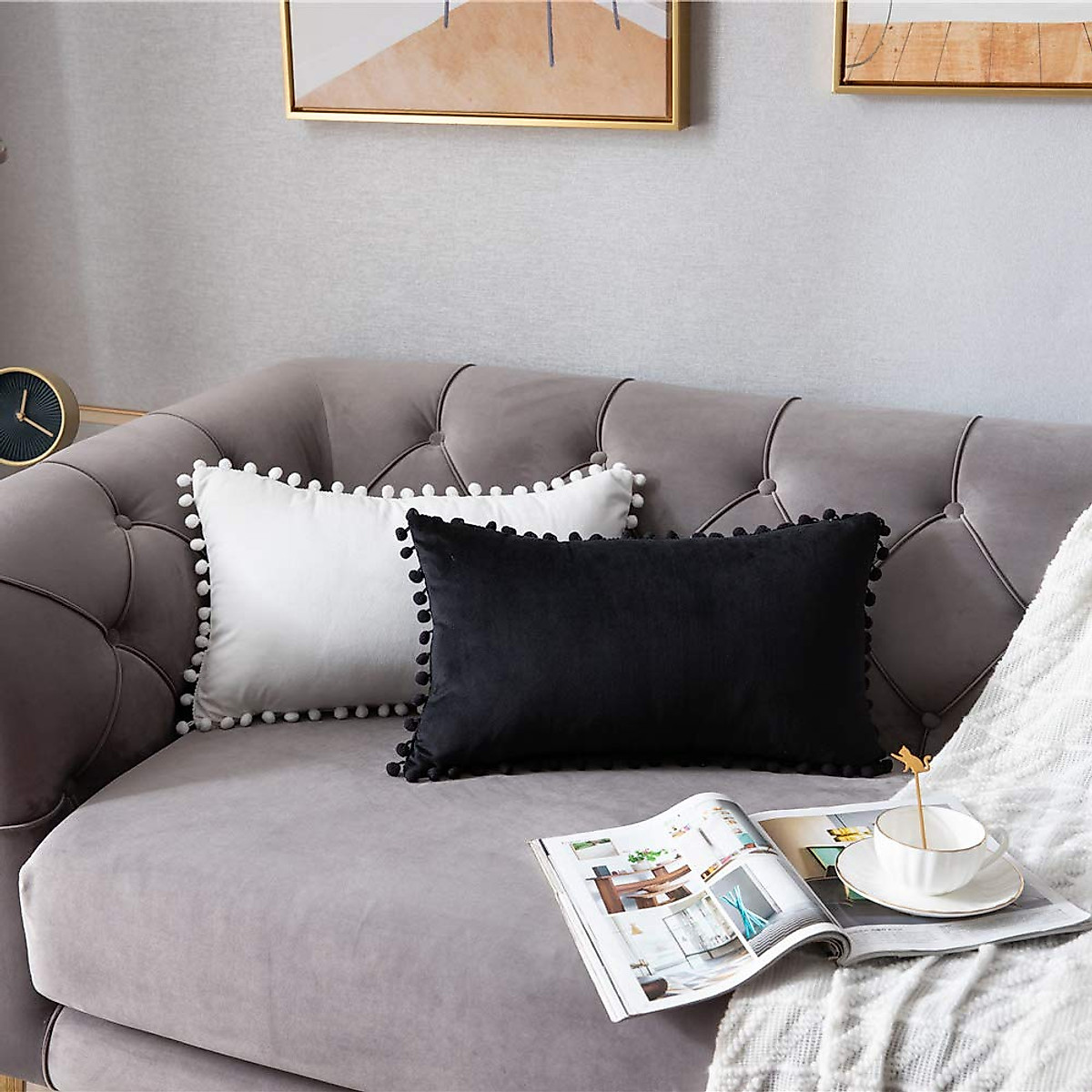 DEZENE Decorative Pillow Covers 12x20 Black: 2 Pack Cozy Soft Pom-poms Velvet Rectangular Throw Pillow Cases for Farmhouse Home Decor