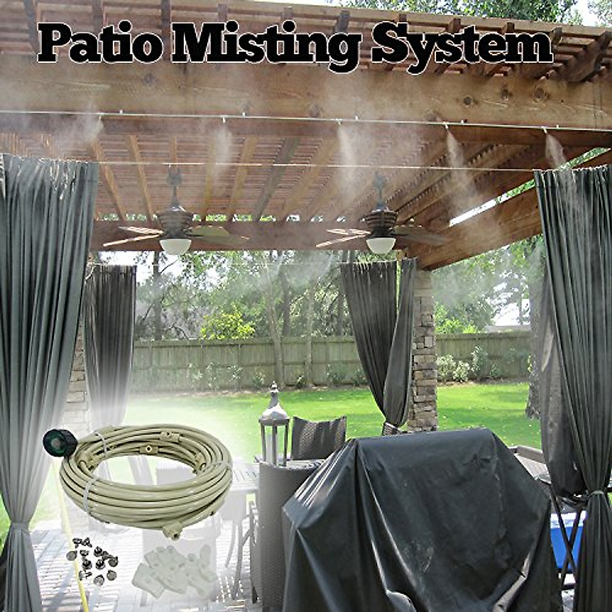 Patio Misting Kit - Made in USA -Pre- Assembled Misting System - Cools temperatures by up to 30 Degrees - Brass/Stainless Steel Misting Nozzles - for Patio, Pool and Play Areas (24 ft - 4 Nozzles)