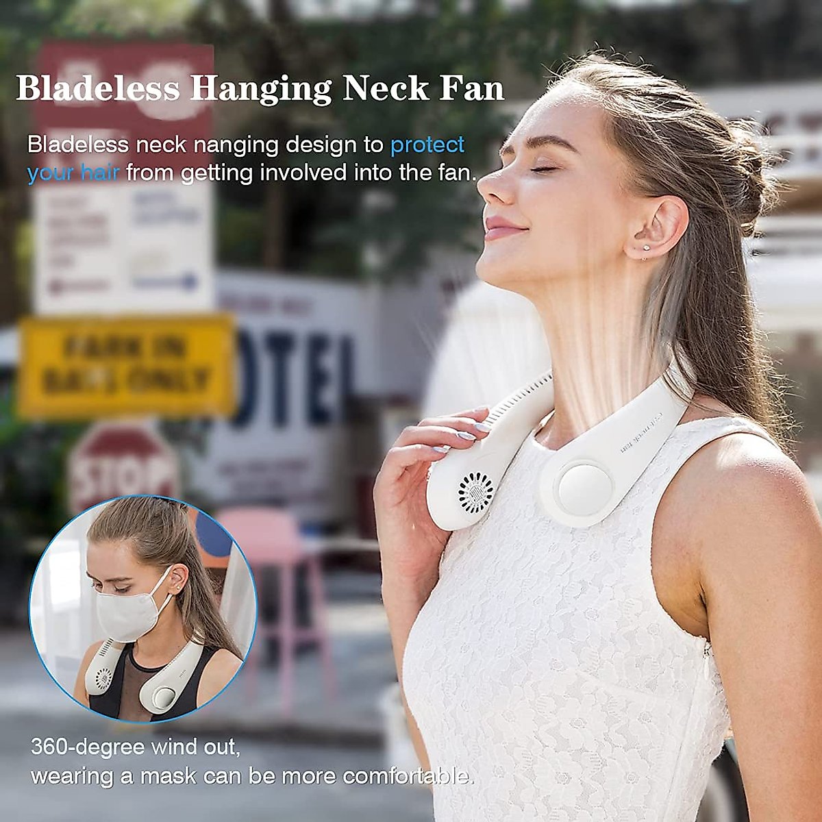 Portable Air Conditioner Neck Fan，Personal Air Cooler Hanging，4000mAh Wearable Fans，Mini，USB Rechargeable，Headphone Design，3 Speeds Silent for traveling，camping，partying，cycling， hiking，running，etc.