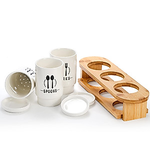 Fasmov Flatware Holder, 3 Pack Silverware Caddy with Bamboo Rack, Utensil Holder Ceramic Flatware Caddy White Ceramic Cutlery Organizer for Forks, Spoons, Knives