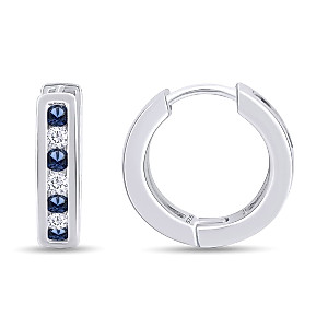 Round Cut Simulated Blue Sapphire With Cubic Zirconia Huggies Hoop Earrings In 14K White Gold Over Sterling Silver