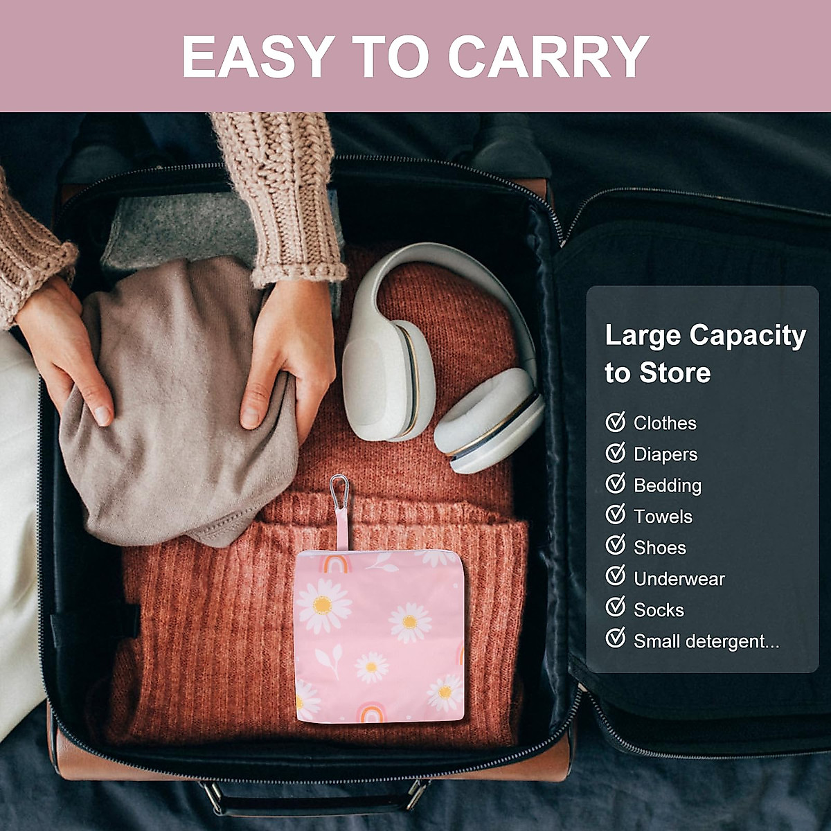 SANFERGE 2 Pack Travel Laundry Bag with Handle and Drawstring, Expandable Foldable Dirty Clothes Bags with Hook and Zipper, 23*20 inch, Cartoon 1 White + Pink