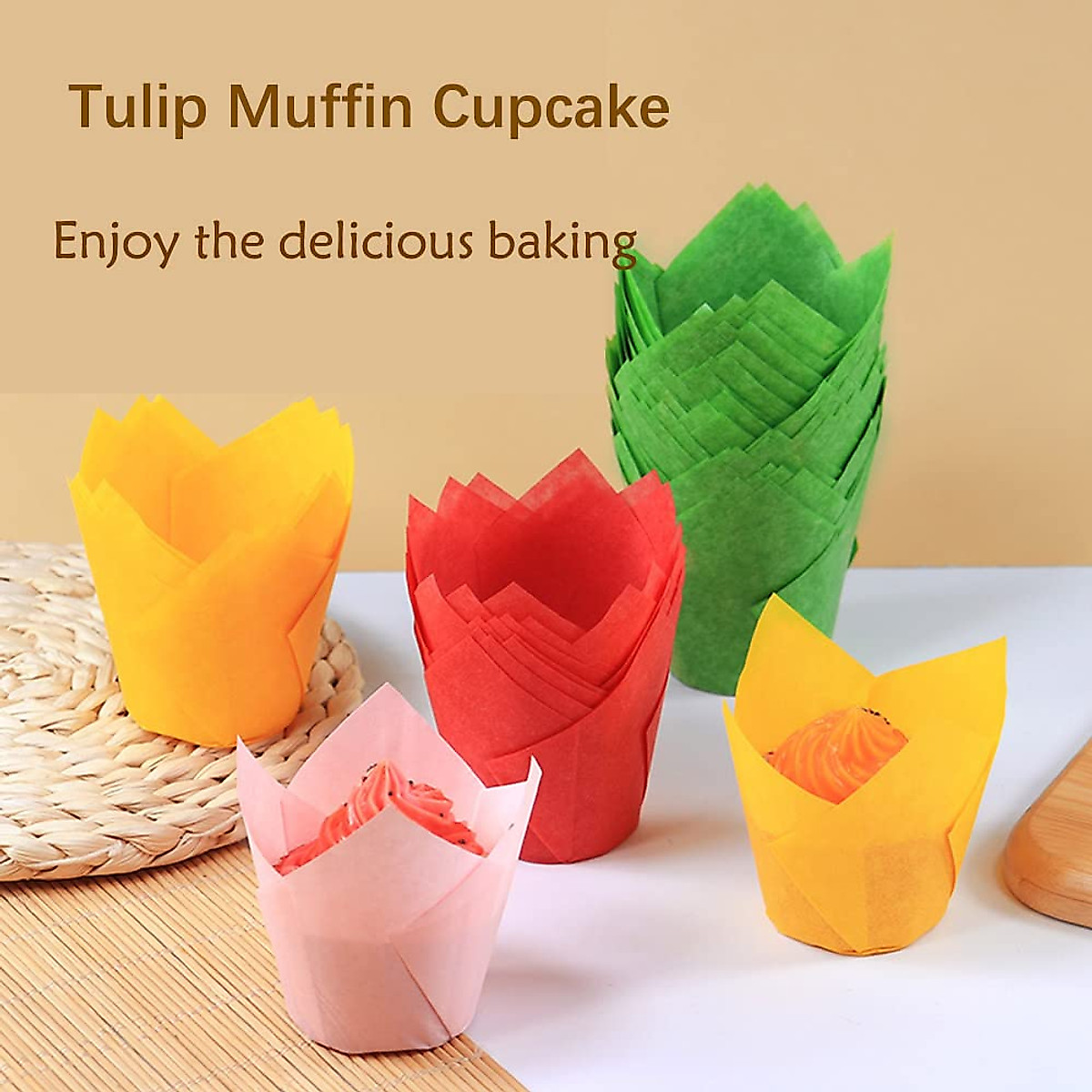 Tulip Cupcake Liners 100-Count Baking Cups Standard Tulip Muffin Cupcake Natural Cupcake Paper Liners for Wedding Birthday Christmas Party Baby Shower Anniversaries All Festivals