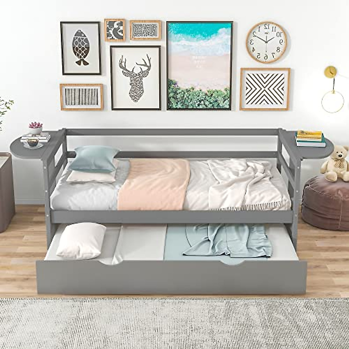 SOFTSEA Twin Daybed with Foldable Shelves, Wood Day Bed Frame with Trundle (Gray)