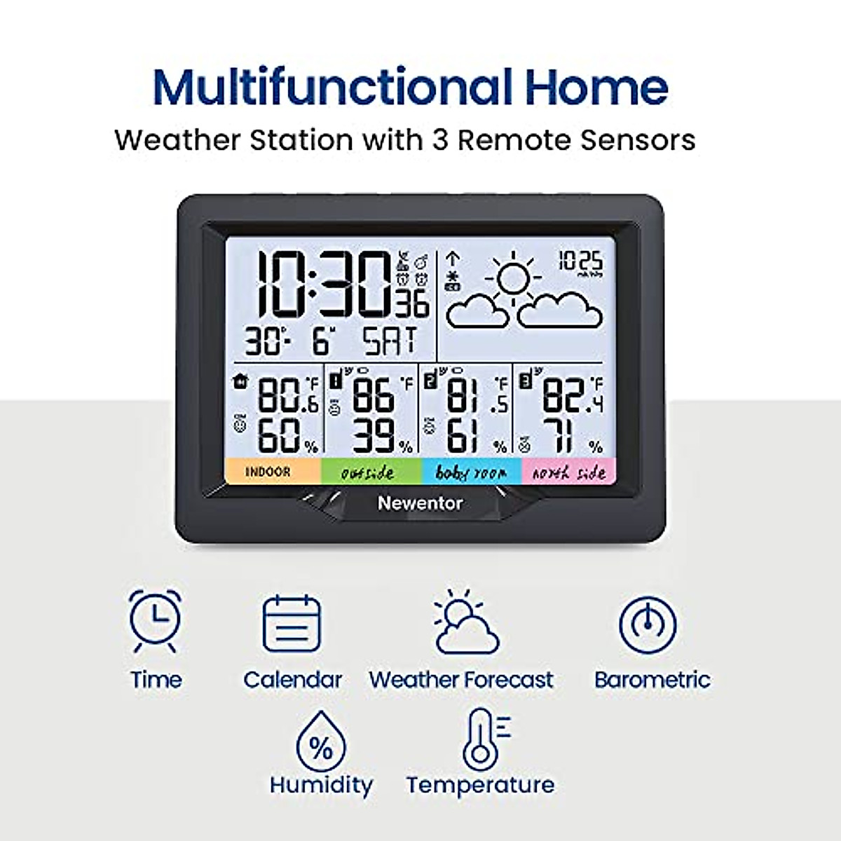 Newentor Weather Station Wireless Indoor Outdoor Multiple Sensors, Digital Atomic Clock Weather Thermometer, Temperature and Humidity Monitor, Forecast Weather Station with Backlight, Black