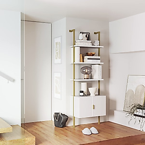 Nathan James Theo Mid-Century Modern Bookcase with Cabinet Fluted Texture, White Open Shelves and Brass Metal Frame Living Room, Home Office Storage