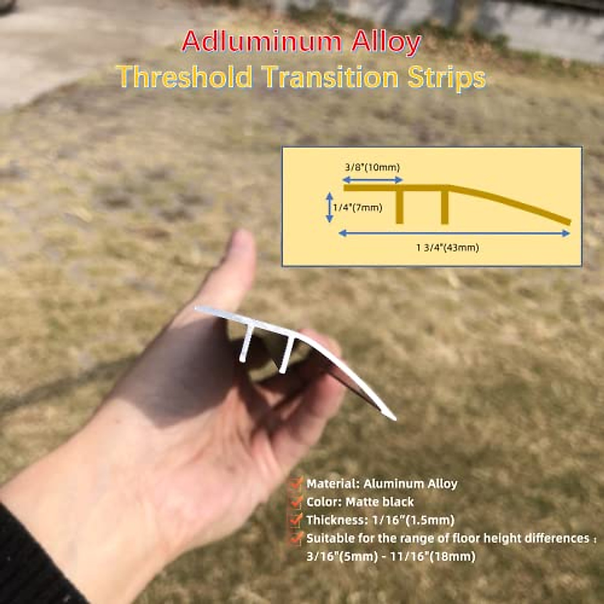 Funmaypoon Aluminum Floor Transition Threshold Strip Door Threshold Interior/Carpet/Tile/Floor Reducer Doorway Edge Trim for Laminate Floor Mat Carpet Vinyl Tile 1 3/4" (43mm)(90cm) (Matte Black)