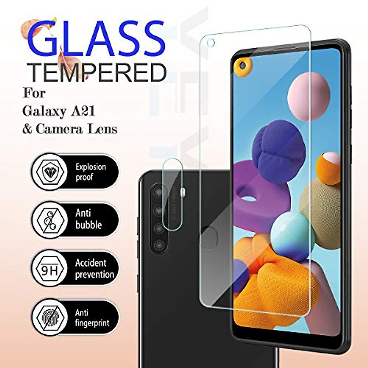 Galaxy A21 HD Clear Tempered Glass Screen Protector + Camera Lens Protectors by YEYEBF, [2+2 Pack] [3D Glass] [Anti-Glare] [Bubble-Free] Screen Protector Glass for Samsung Galaxy A21