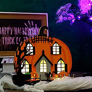Lulu Home Halloween Tabletop Decoration, Wooden Lighted Pumpkin House Decoration Ornaments, Battery Operated Halloween Sign Indoor Fireplace Desk Kitchen Table Ornament, 9 x 9 x 2.1 in